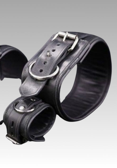 Locking Thigh to Wrist Restraints - Heavy Duty Leather Bondage Gear